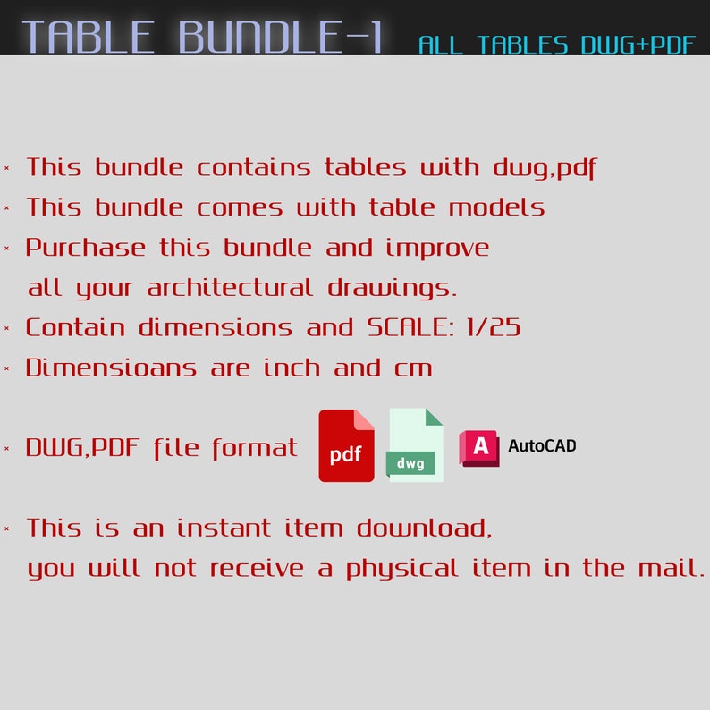 Tables Bundle Plan DWG/CAD, Plan Tables, Furniture Plan, Architecture ...