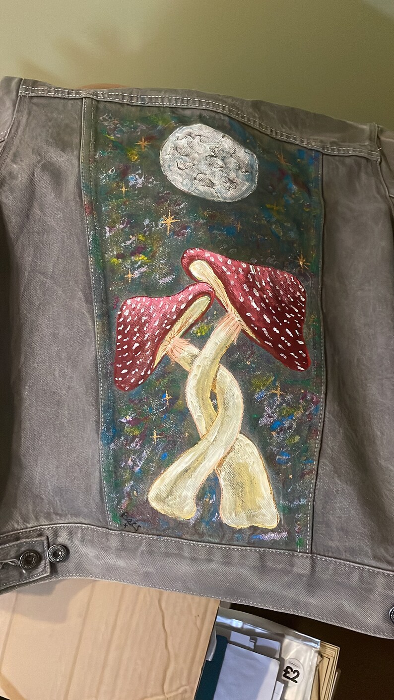 Custom Hand Painted Mushroom Design Denim Jacket - Etsy