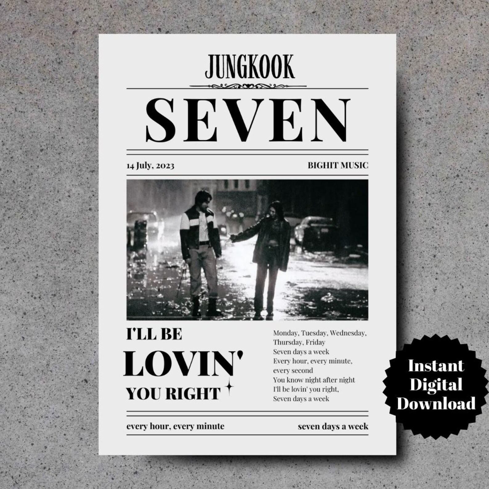 Jungkook Seven Digital Wall Poster BTS Lyrics Newspaper Wall Art ...