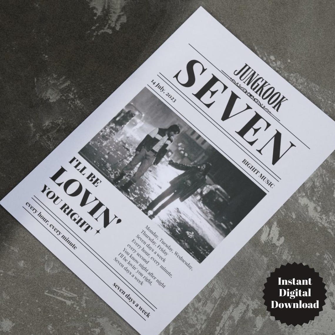 Jungkook Seven Digital Wall Poster BTS Lyrics Newspaper Wall Art ...