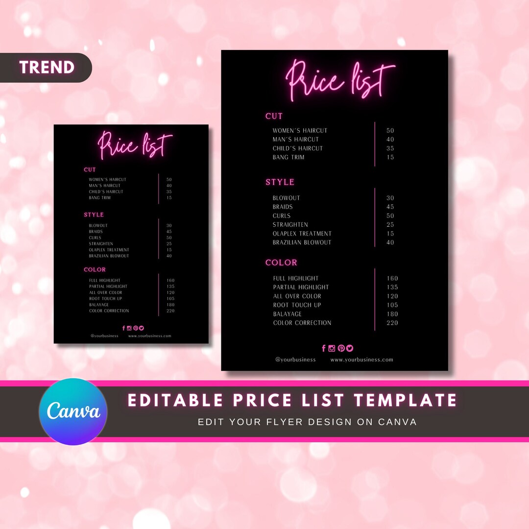 DIY Price List Template Editable Beauty Salon Pricing Template Design ...