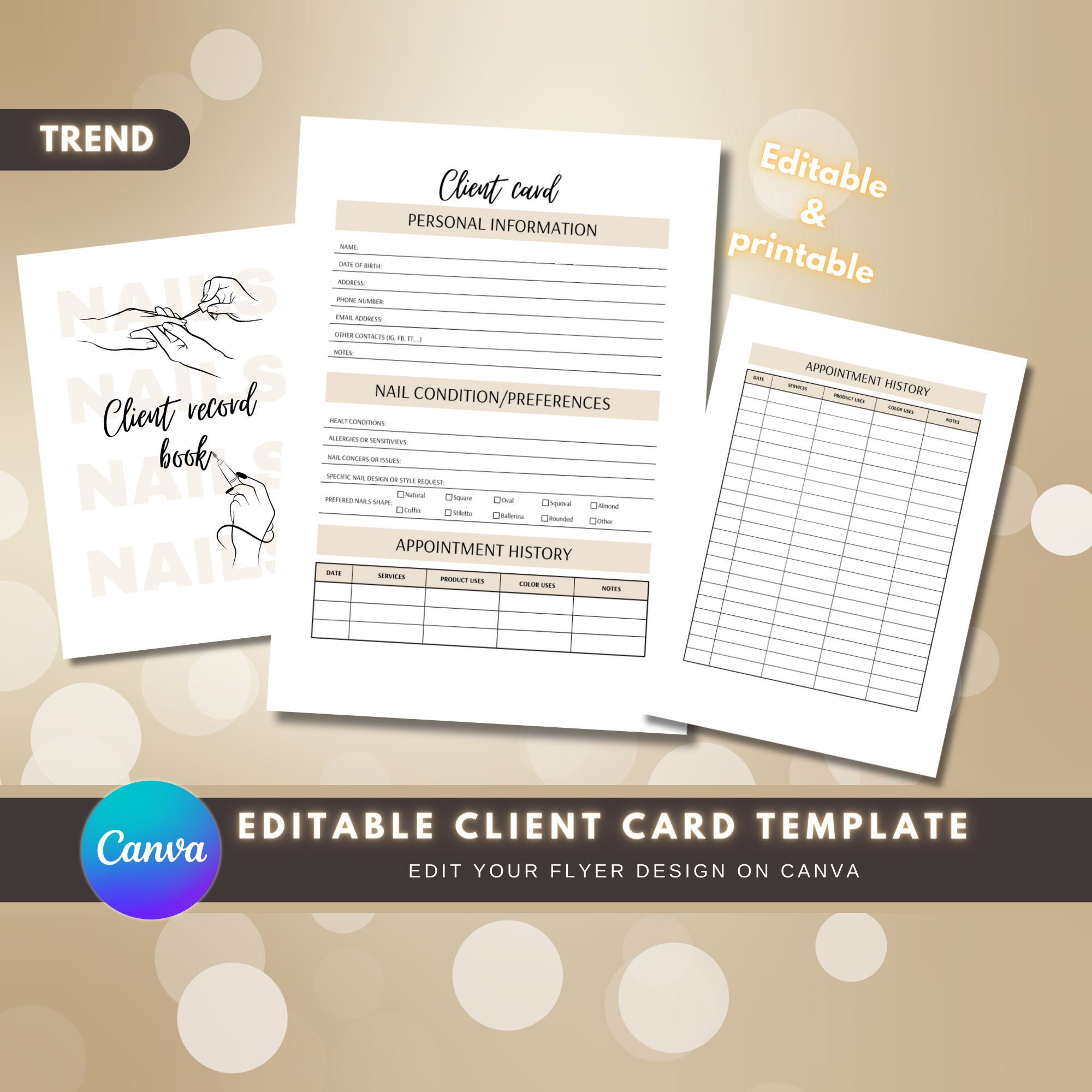 EDITABLE Client Record Book Template, Nail Salon Printable Client Card ...