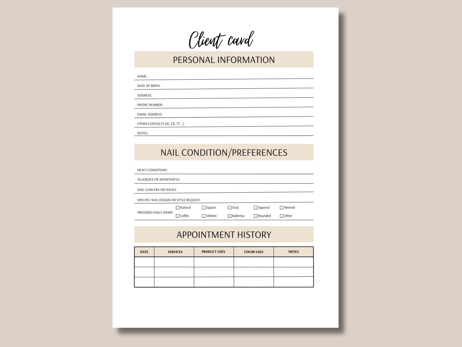 EDITABLE Client Record Book Template, Nail Salon Printable Client Card ...