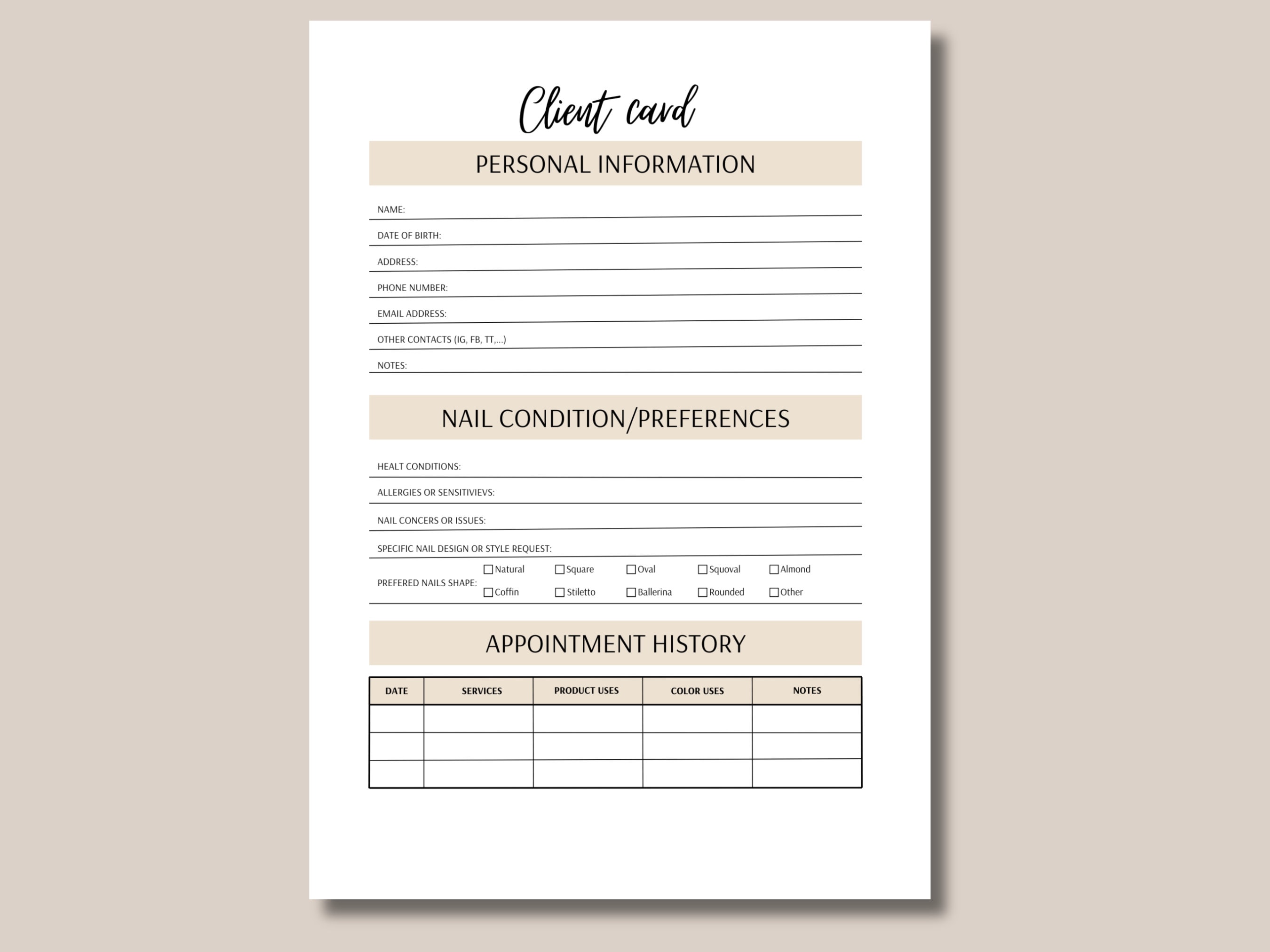 EDITABLE Client Record Book Template, Nail Salon Printable Client Card ...