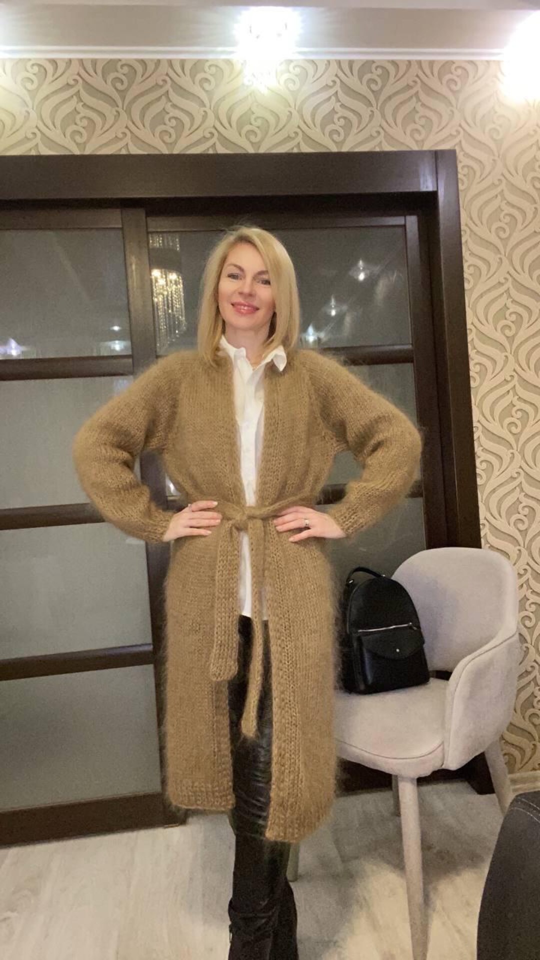 Long Beige Mohair Cardigan Chunky Hand Knitting Warm Maxi Fluffy Raglan ...