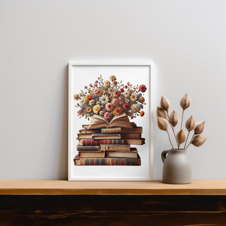 Wall Art Printable Digital Download Vintage Bookstack Wildflower ...