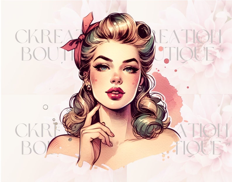 Retro Pinup Clipart Bundle PNG Sublimation Watercolor Clipart Pinup 40s ...