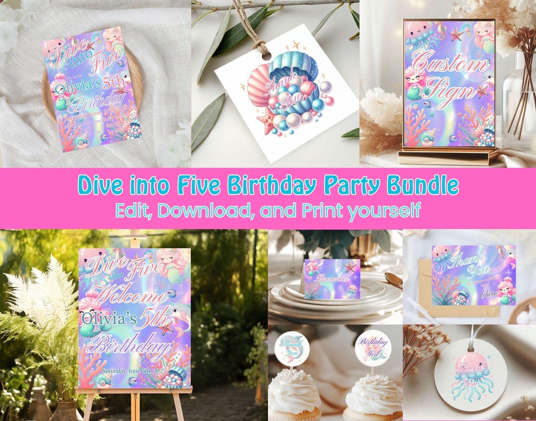 Dive Into Five Pastel Mermaid Birthday Invitation Party Bundle 5th ...