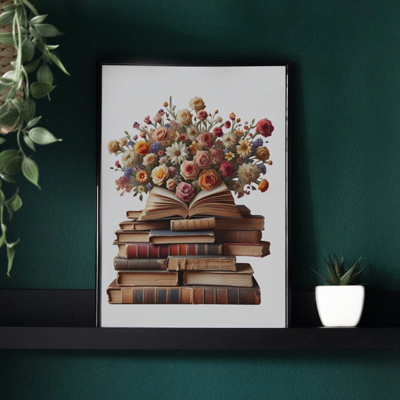 Wall Art Printable Digital Download Vintage Bookstack Wildflower ...
