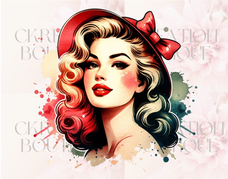 Retro Pinup Clipart Bundle PNG Sublimation Watercolor Clipart Pinup 40s ...