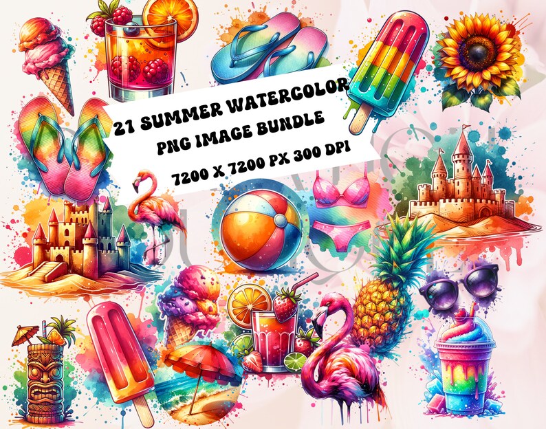 Summer Clipart Bundle PNG Sublimation Summer Watercolor Clipart ...