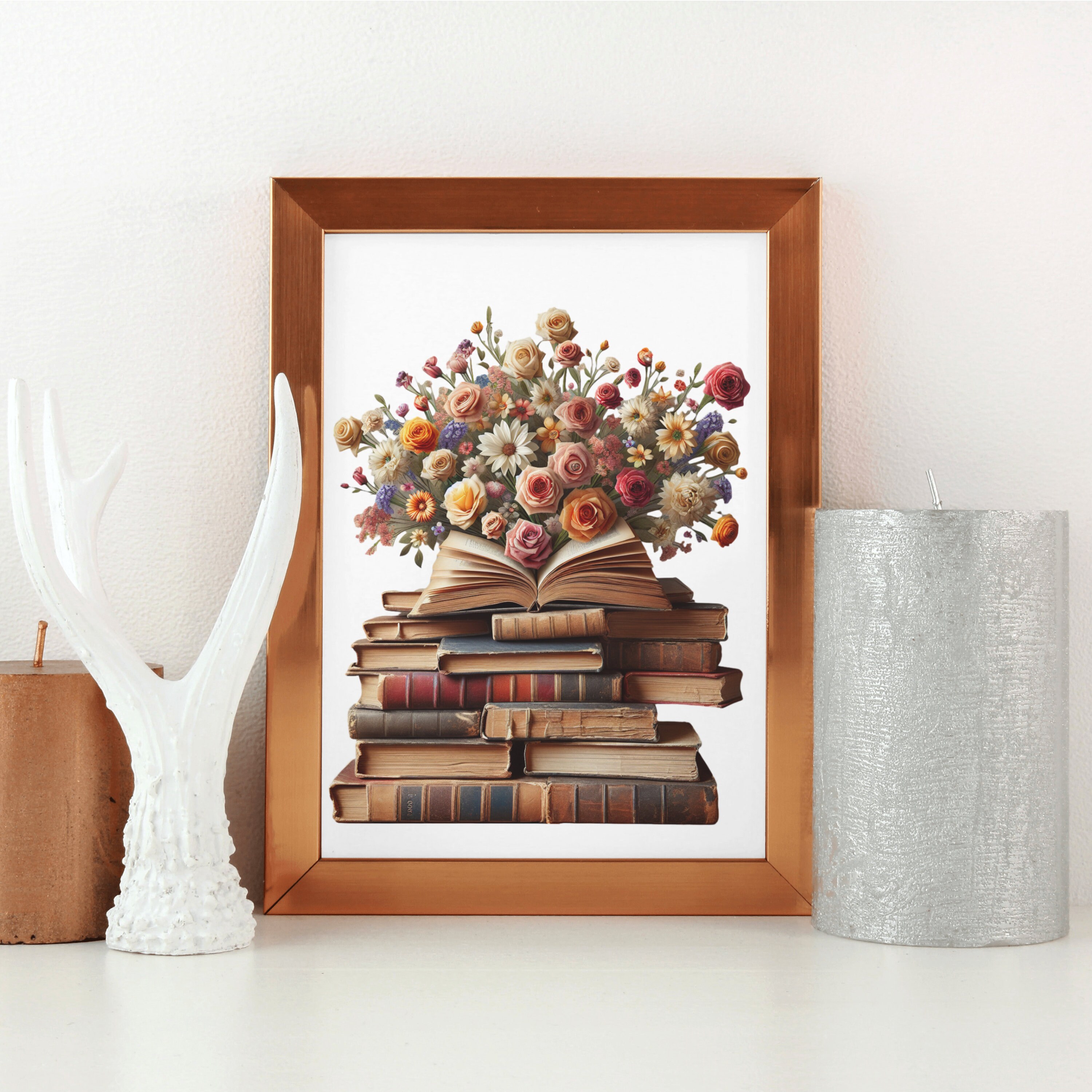 Wall Art Printable Digital Download Vintage Bookstack Wildflower ...