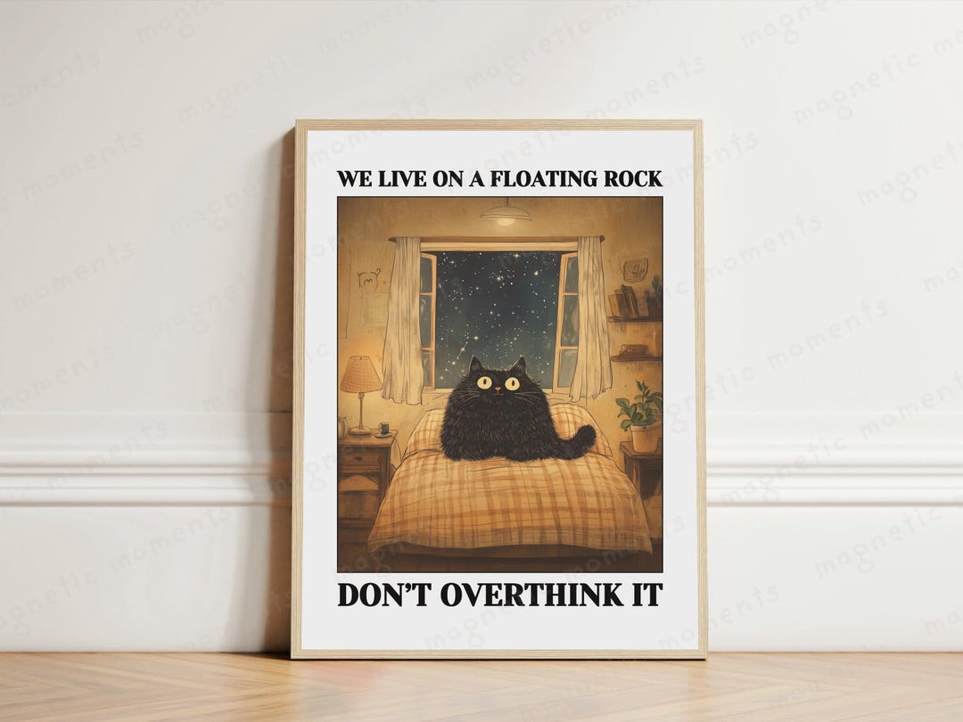 Don’t Overthink It Cat Poster, Funny Cat Night Sky Print, Quirky Home ...