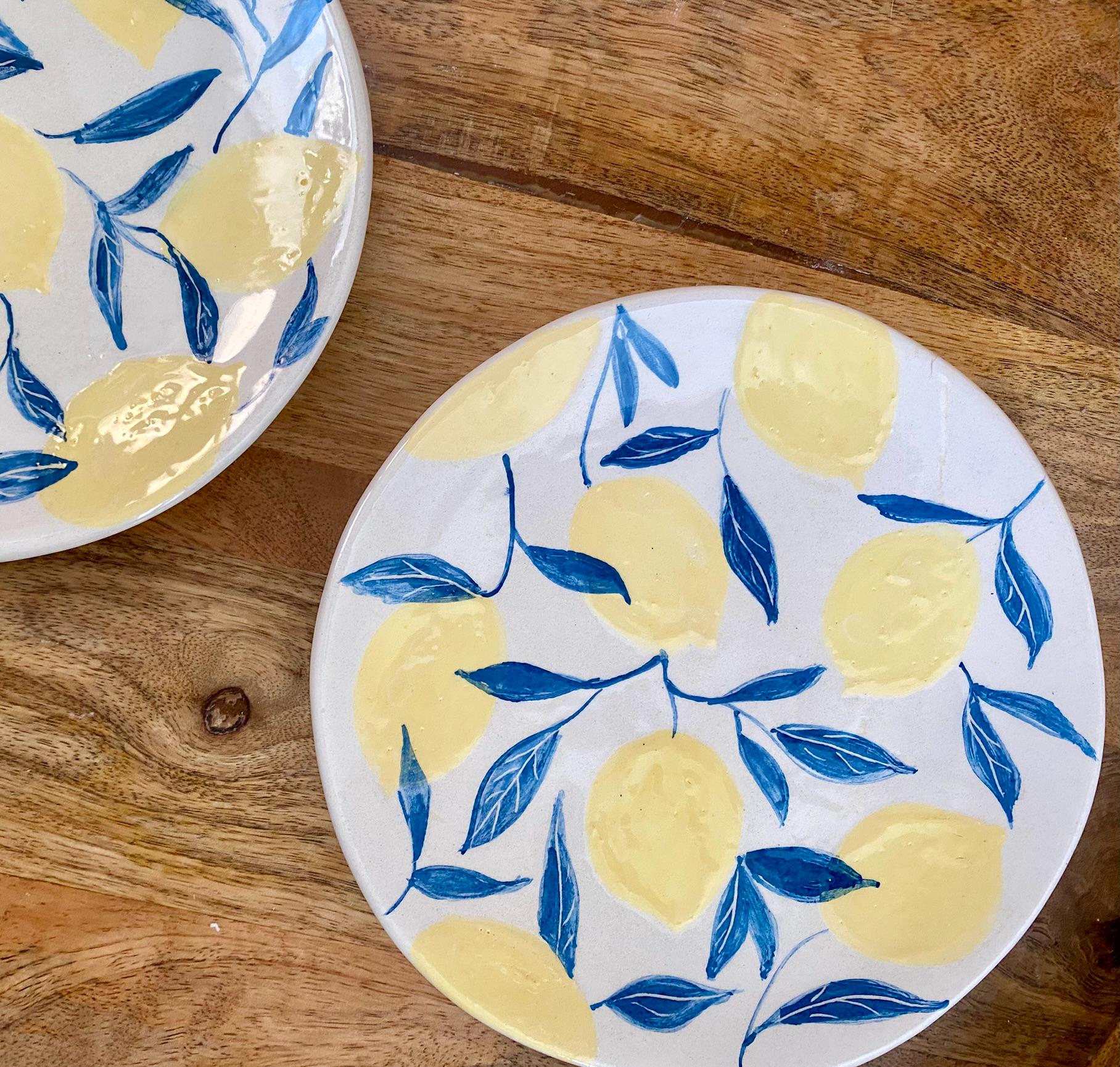 Hand-painted Ceramic Plate – Lemon & Blue Leaf Design – Mediterranean ...