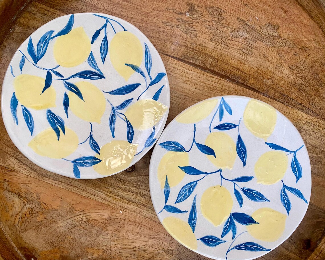 Hand-painted Ceramic Plate – Lemon & Blue Leaf Design – Mediterranean ...