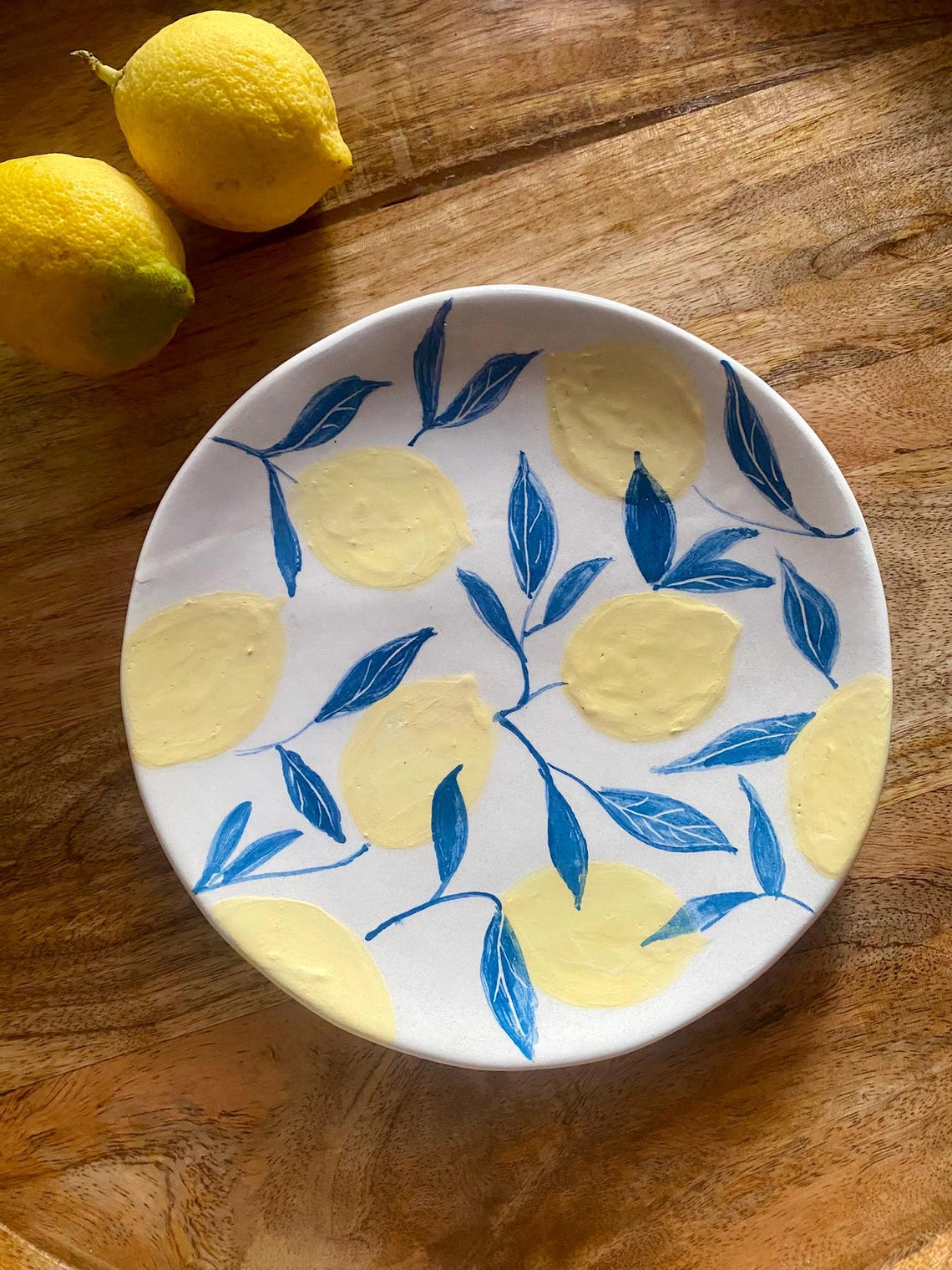 Hand-painted Ceramic Plate – Lemon & Blue Leaf Design – Mediterranean ...