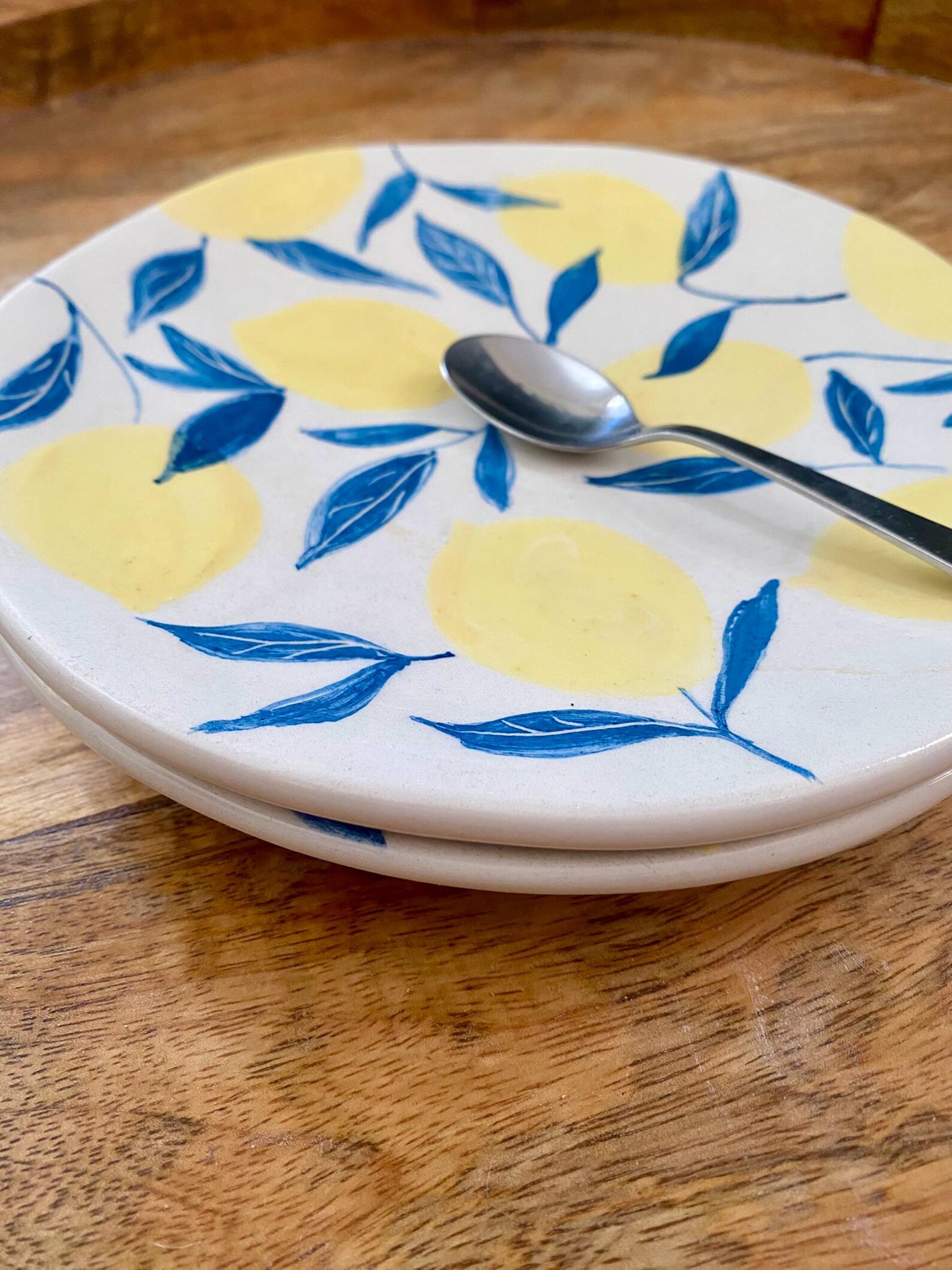 Hand-painted Ceramic Plate – Lemon & Blue Leaf Design – Mediterranean ...