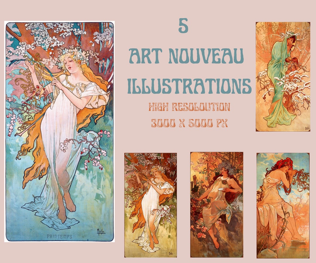 Art Nouveau Illustrations | 5 Art Deco Posters | Png Files | Instant ...