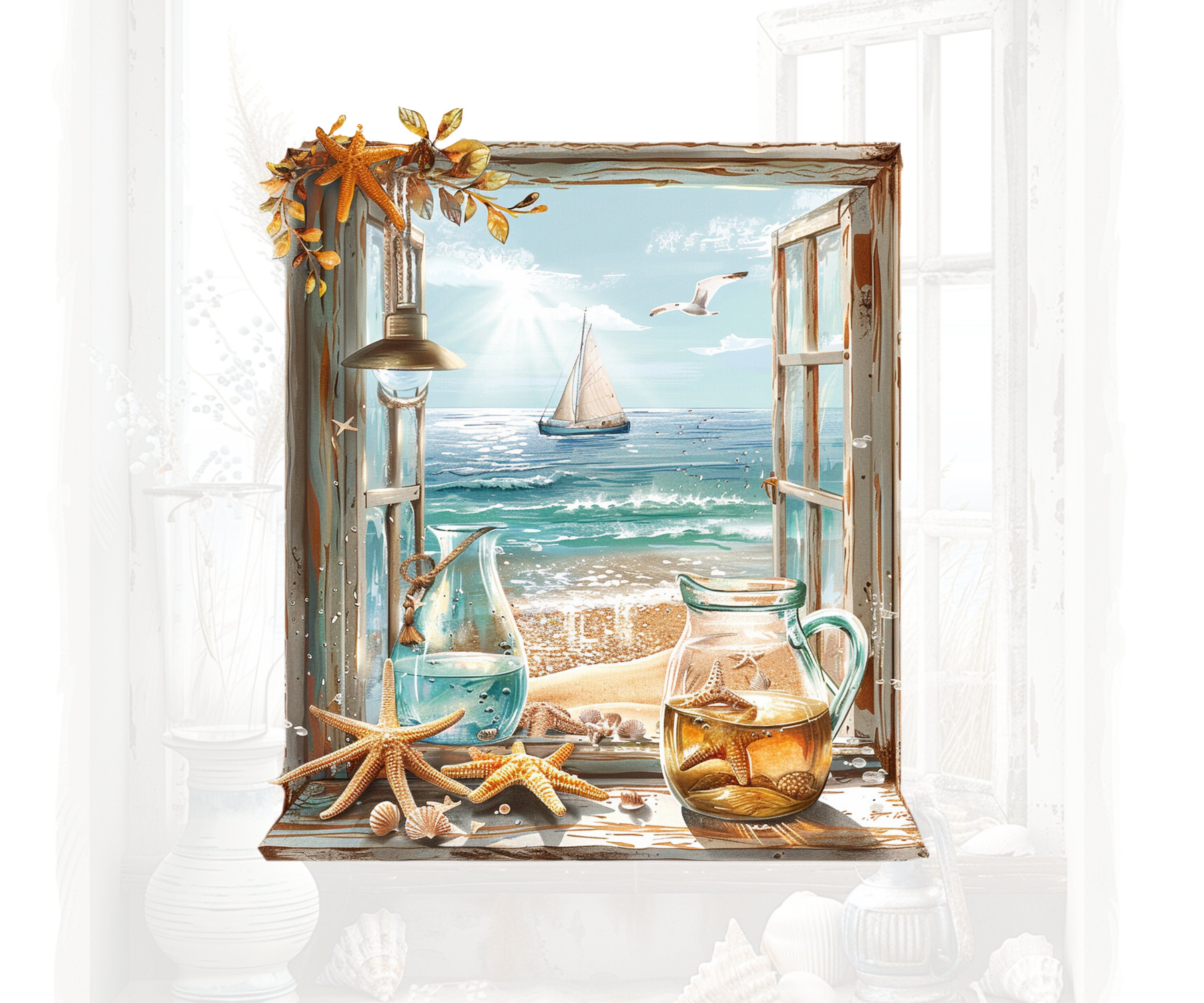 Vintage Nautical Seascape Frame Png Seascape Craft Graphics Instant ...