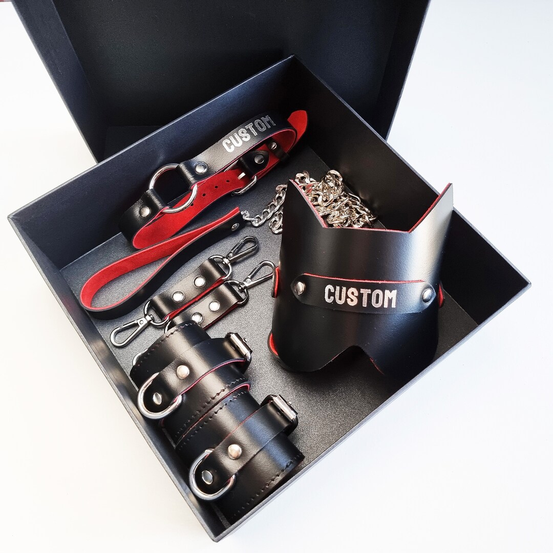 Genuine Leather 7-piece Set 7 Colors: Handcuffs, Collar, Chain Leash ...