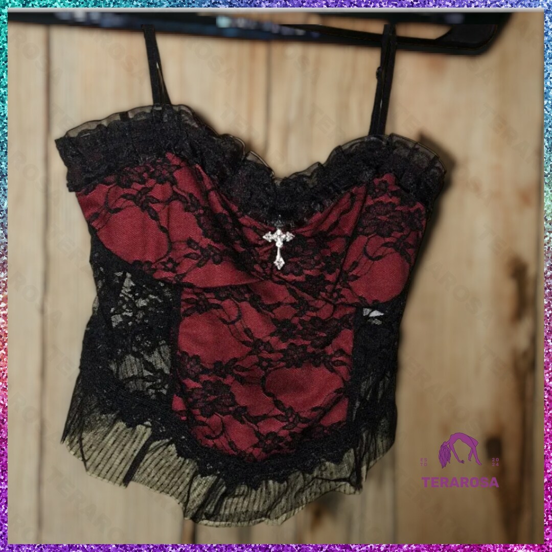 Gothic Lace Bustier Red Top Punk Y2k Stylish Tank Cross Detail Top ...