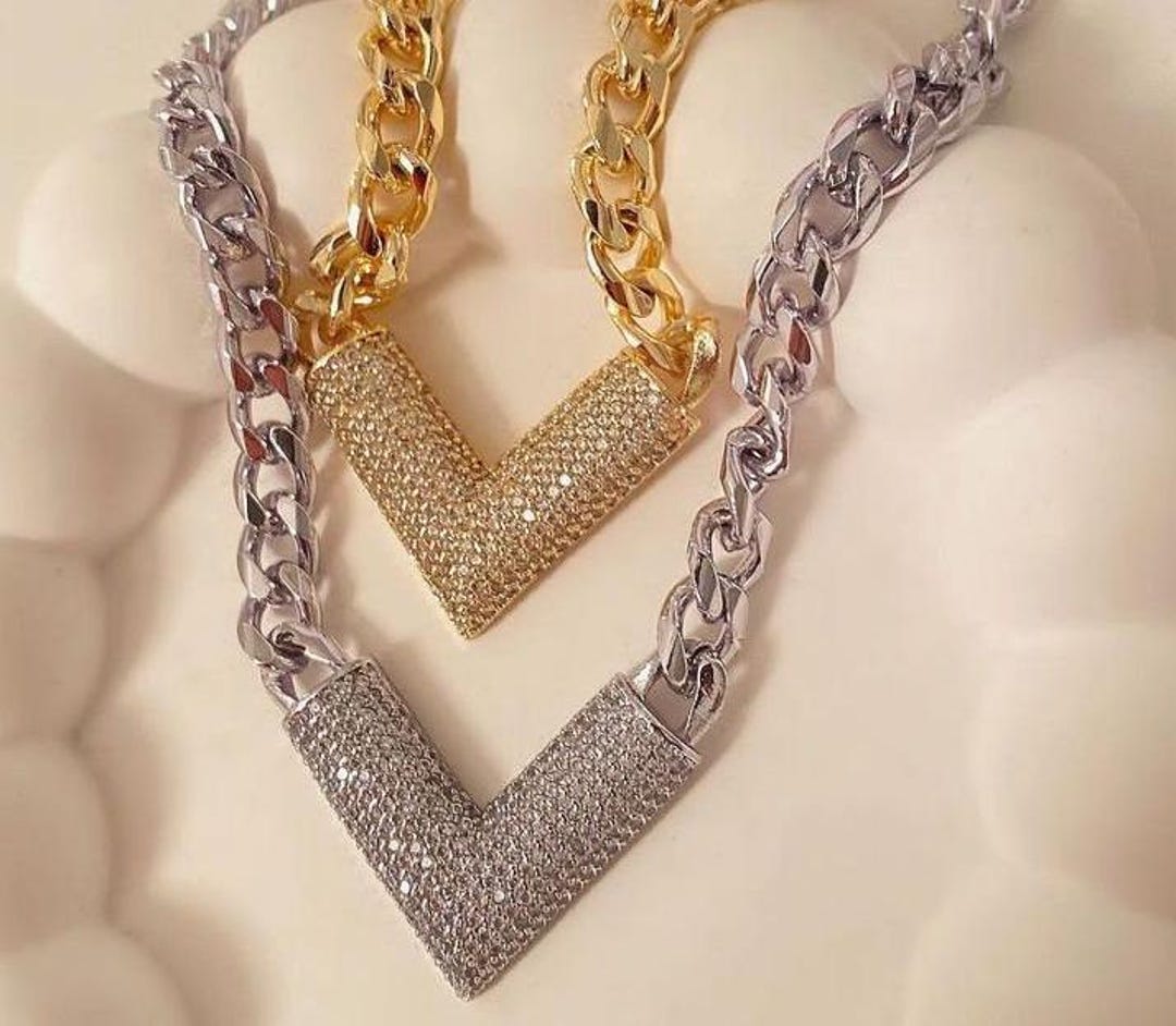 Zircon Stone V-design VIP Stainless Steel Necklace – Modern Gold ...