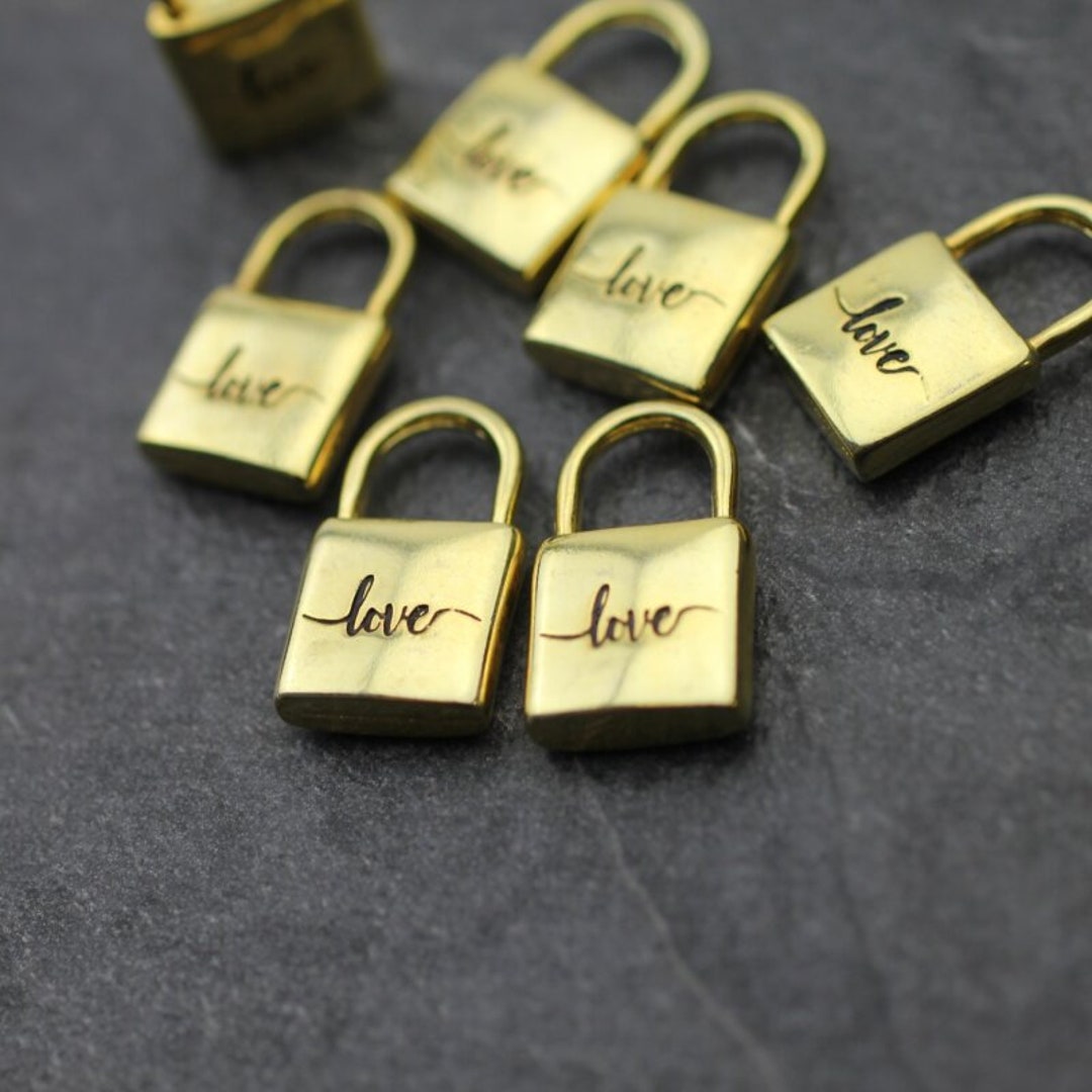 5 Gold Plated Love Padlock, Black Letter Charms, Square Padlock, Lock ...