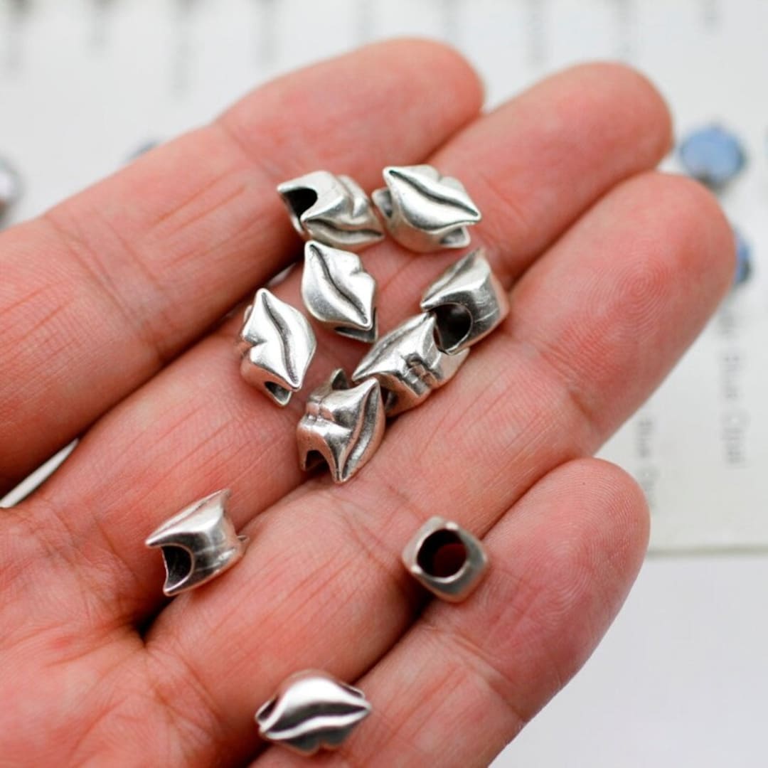 10 Silver Lips Slider Beads, Kissing Lips Beads, Lips Beads Spacer, Lip ...