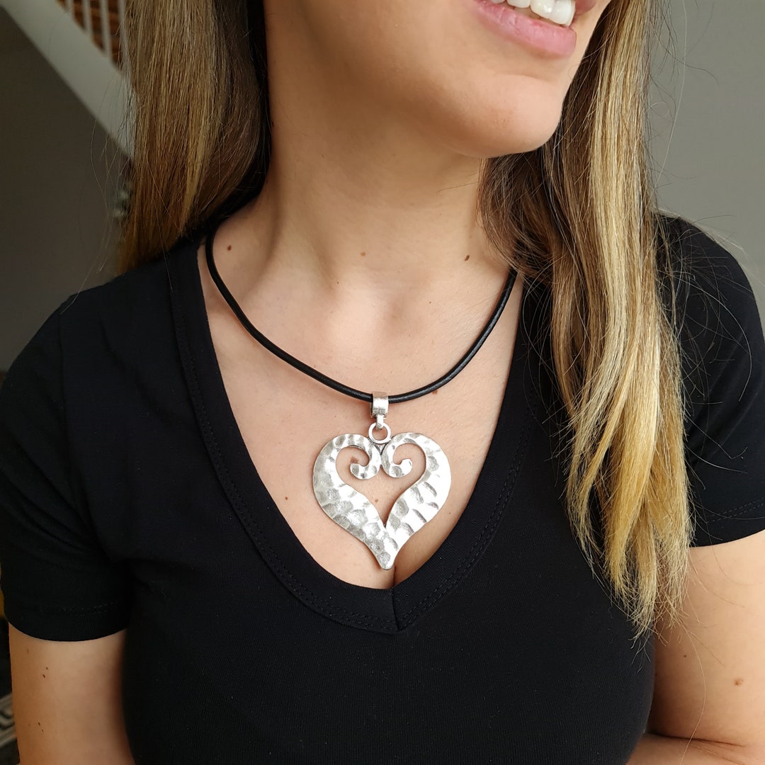 Silver Open Large Heart Necklace, Big Heart Pendant, Elegant Heart ...