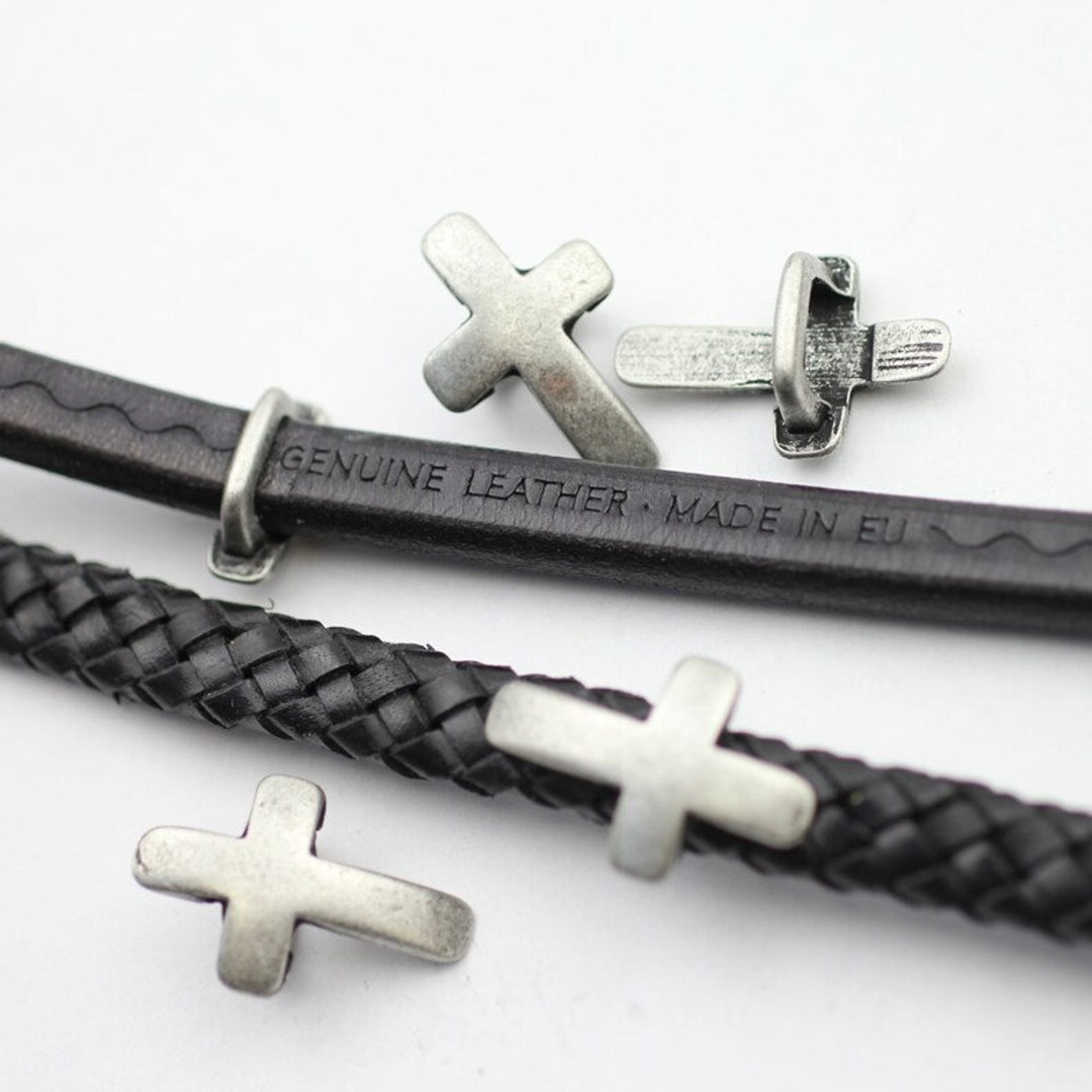 10pcs Dark Silver Cross Slider Beads: 10x6mm Licorice Leather, ZAMAK ...