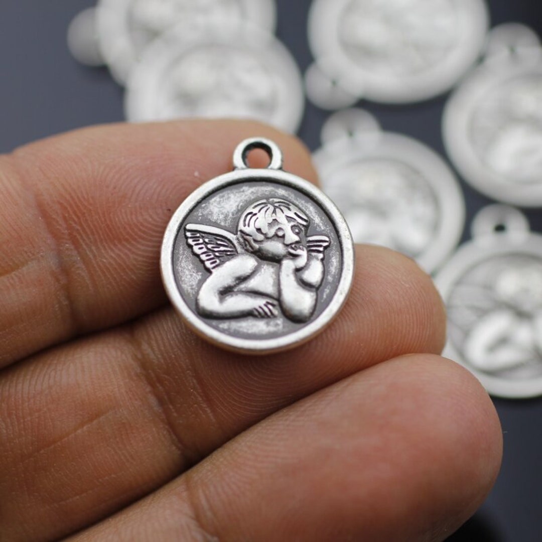 10 Religious Medallion, Round Raphael Angel Charm, Angel Charms ...