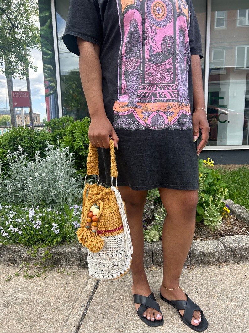 Crochet Drawstring Bag With Tassels & Leather Handle - Etsy