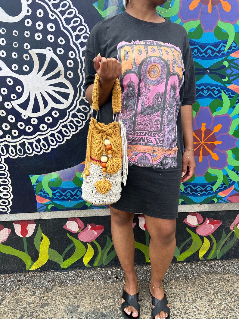 Crochet Drawstring Bag With Tassels & Leather Handle - Etsy