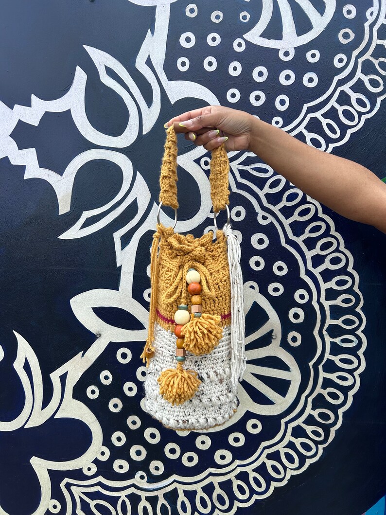 Crochet Drawstring Bag With Tassels & Leather Handle - Etsy
