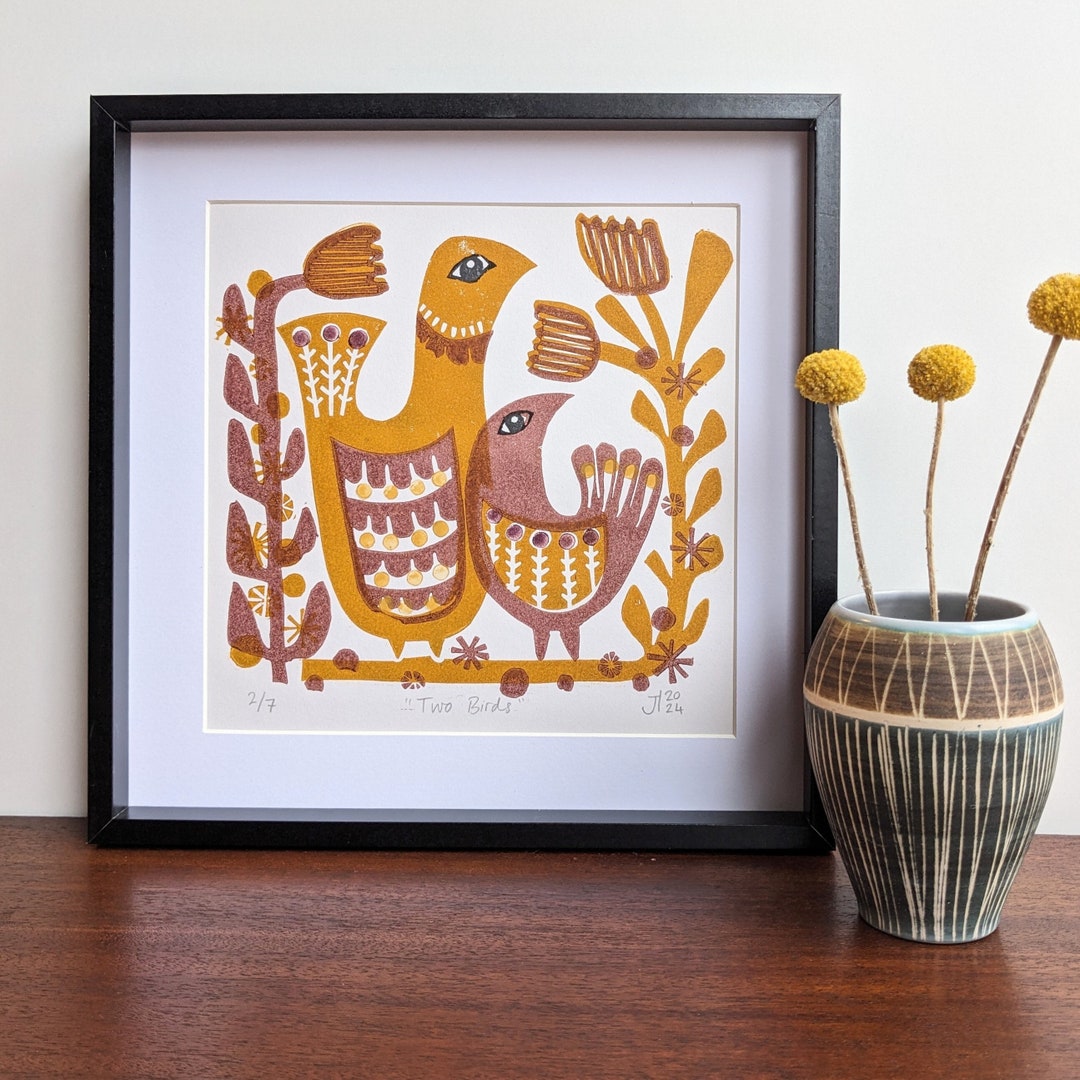 Two Birds in Mustard - Original Lino Print - Etsy