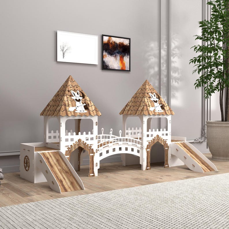 Wizard's Twin Tower Bunny Castle: White & Oak Two-story Rabbit ...