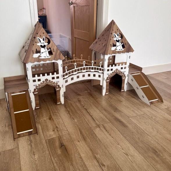 Wizard's Twin Tower Bunny Castle: White & Oak Two-story Rabbit ...