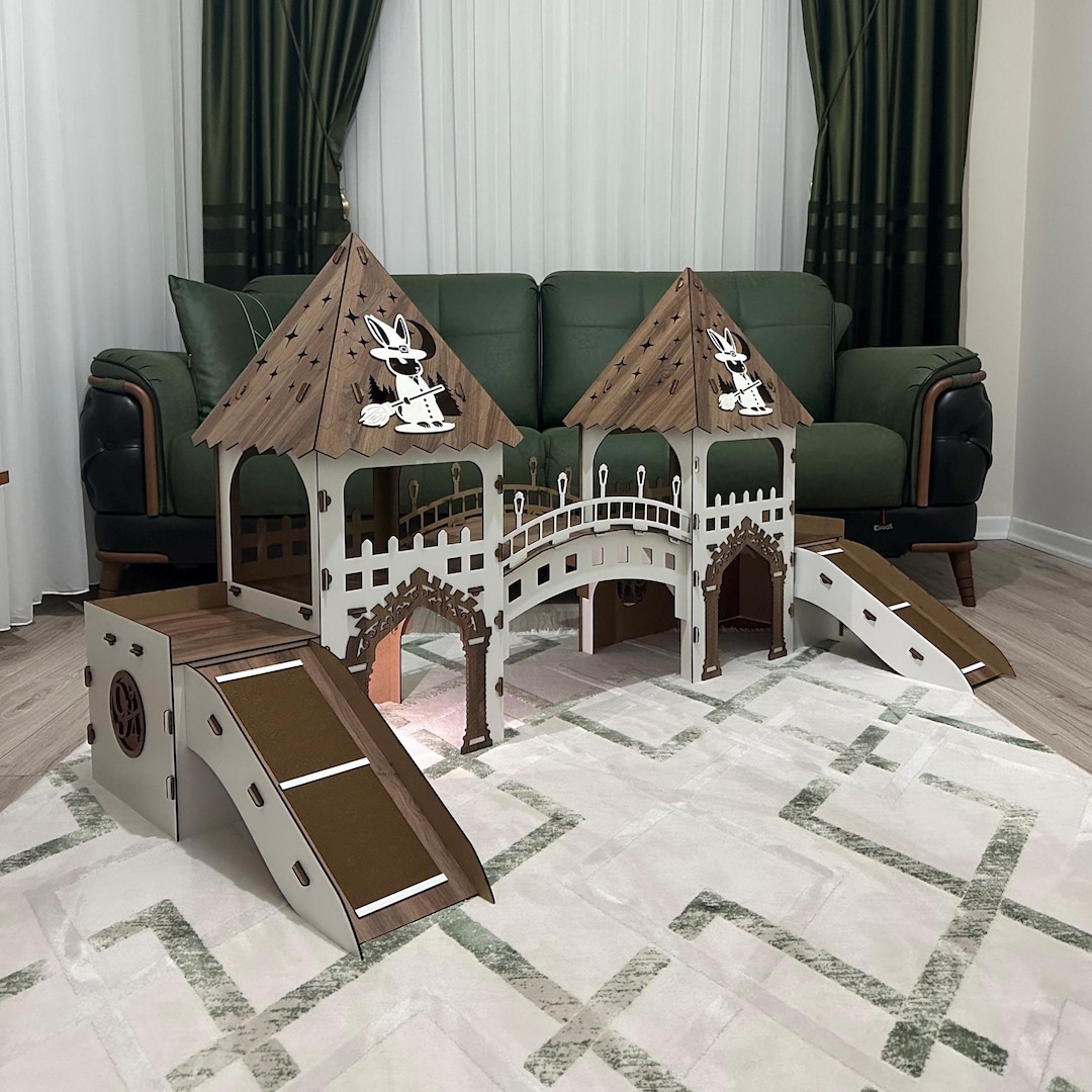 Wizard's Twin Tower Bunny Castle: White & Oak Two-story Rabbit ...