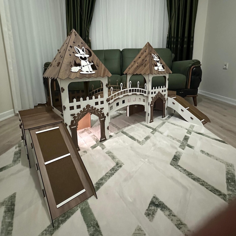 Wizard's Twin Tower Bunny Castle: White & Oak Two-story Rabbit ...