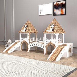 Wizard's Twin Tower Bunny Castle: White & Oak Two-story Rabbit ...