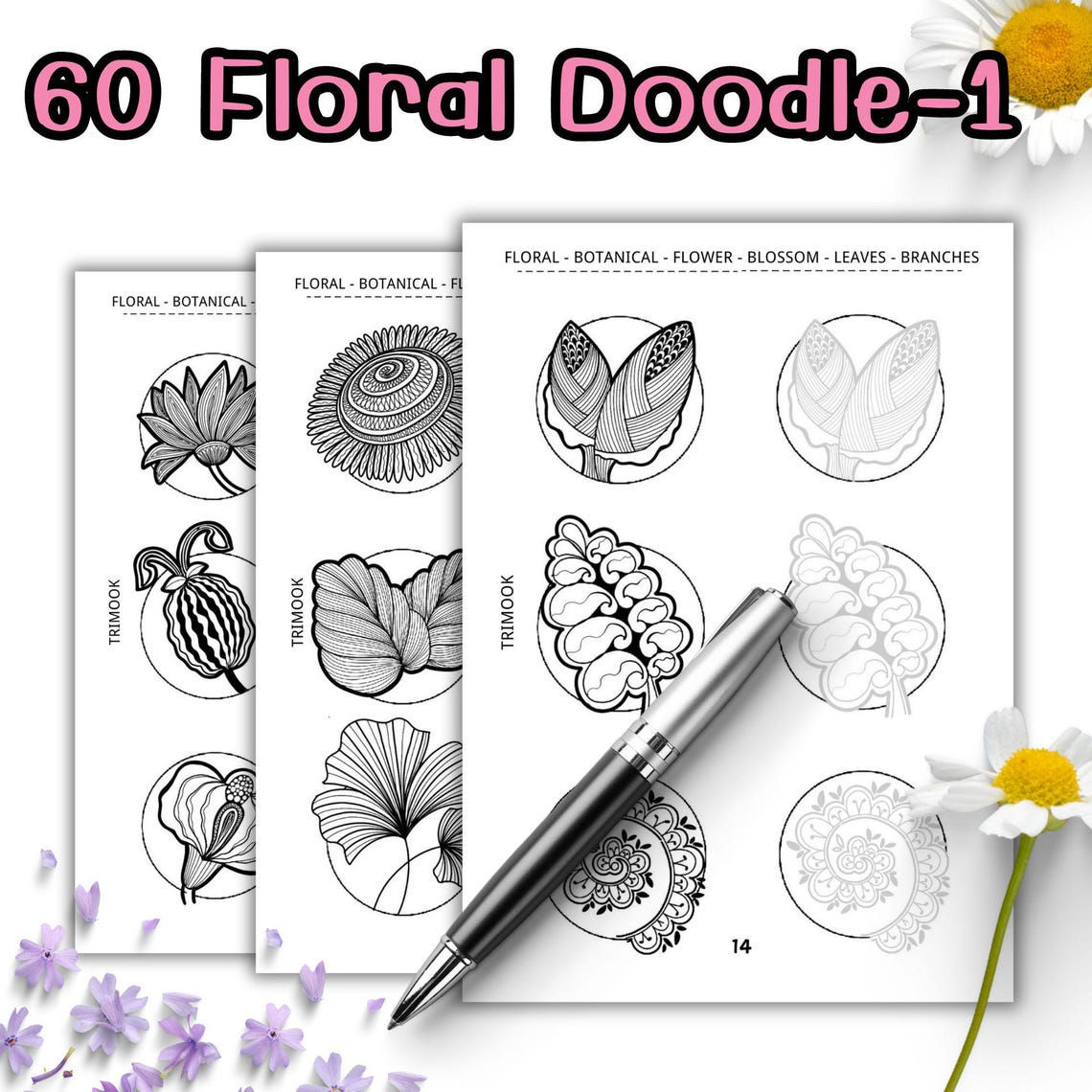 Floral Zentangle Printable Worksheet Vol 1&2, Beginner Doodle Art PDF ...