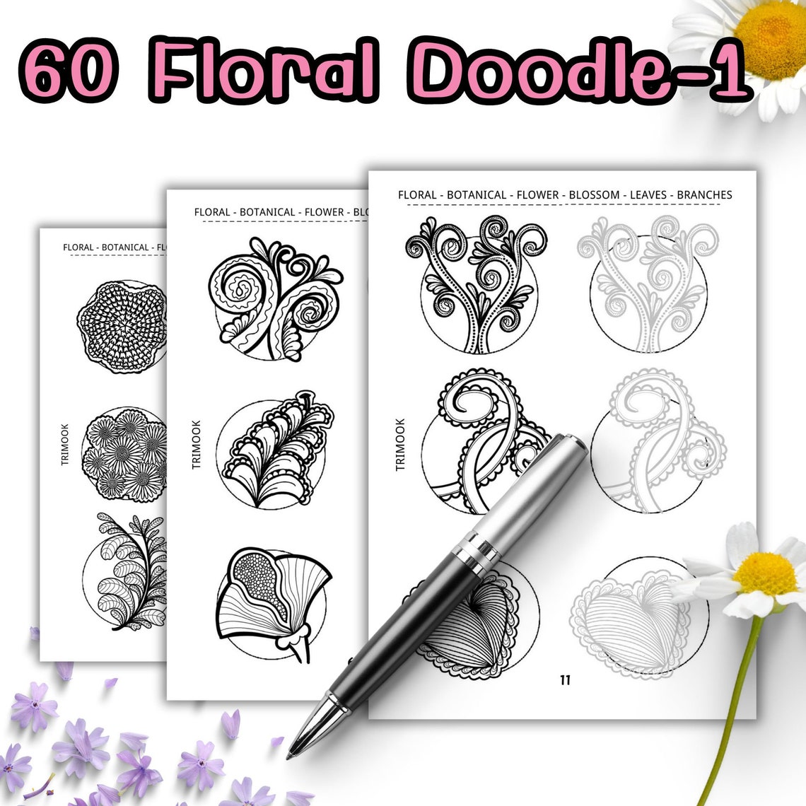 Floral Zentangle Printable Worksheet Vol 1, Beginner Doodle Art PDF ...