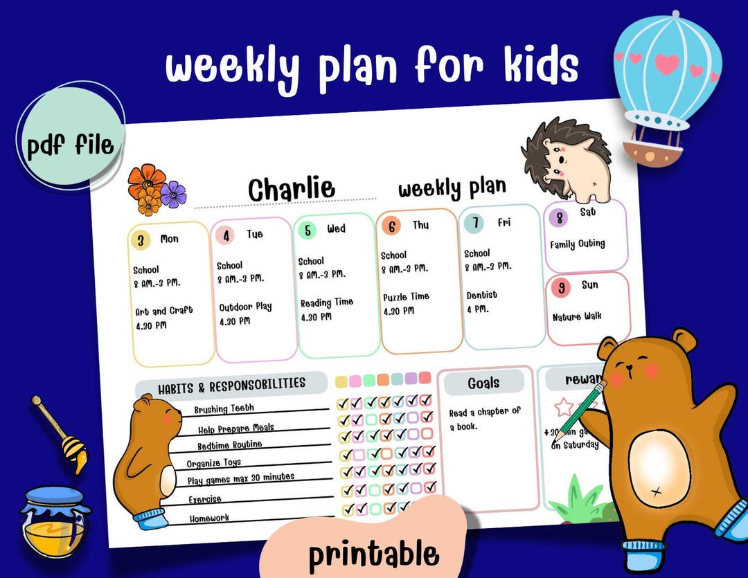 Kids Weekly Planner-printable Planner Back to School Beary and Friends ...