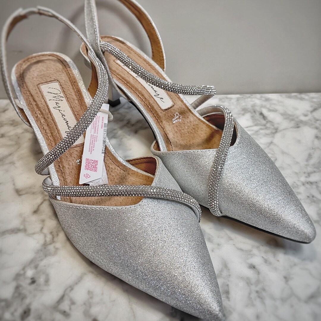 Maria Mare Silver Heel, Rhinestone Strap, Shiny Silver Pointed Toe ...