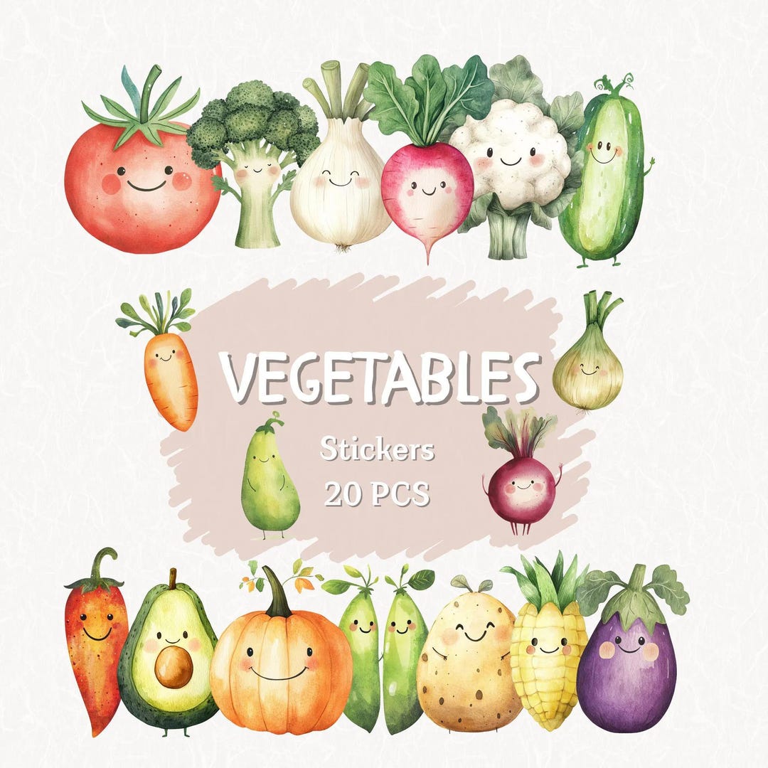 Digital Vegetable Sticker Pack Cute Cartoon Veggie Stickers 20 PNG ...