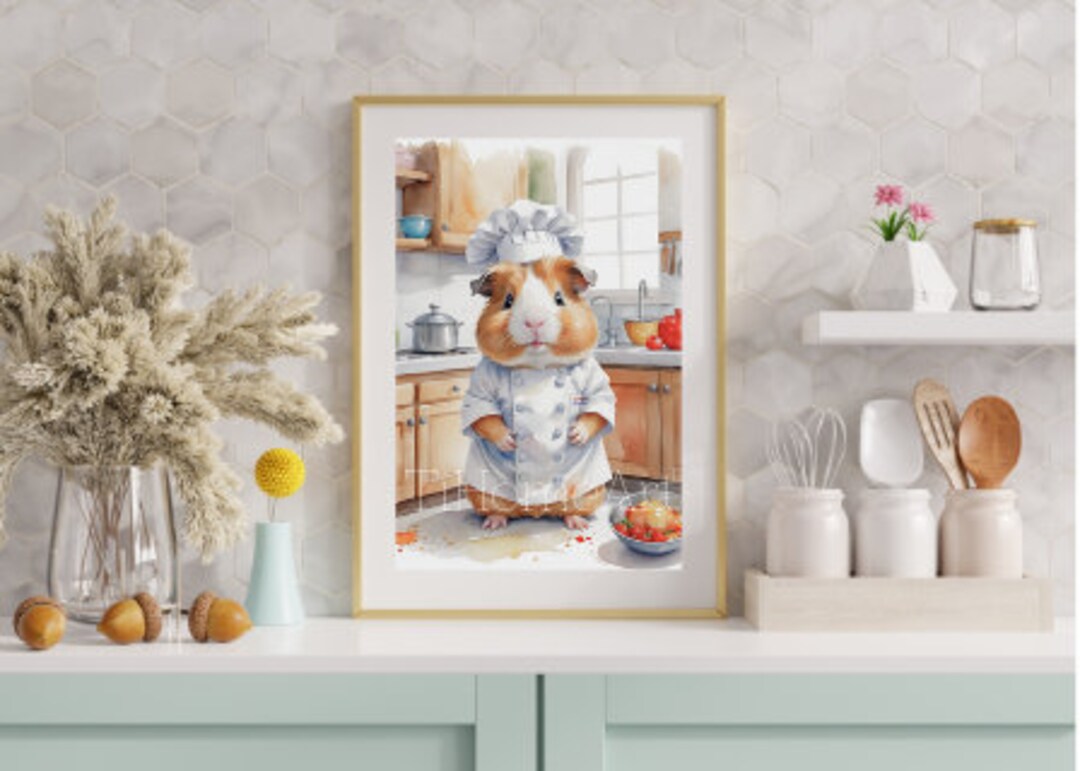 Printable Portrait Adorable Guinea Pig Chef Watercolor Illustration ...