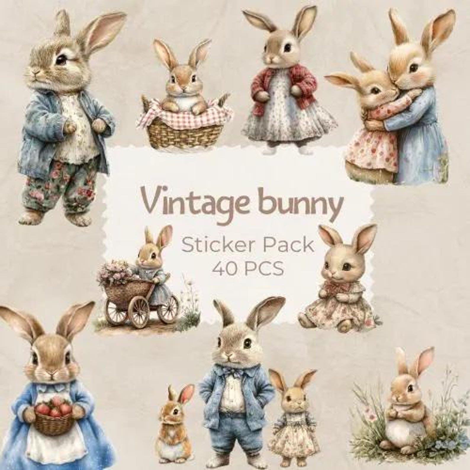 Vintage Bunny Stickers Retro Rabbit Illustrations 40 Cute Animal PNG ...
