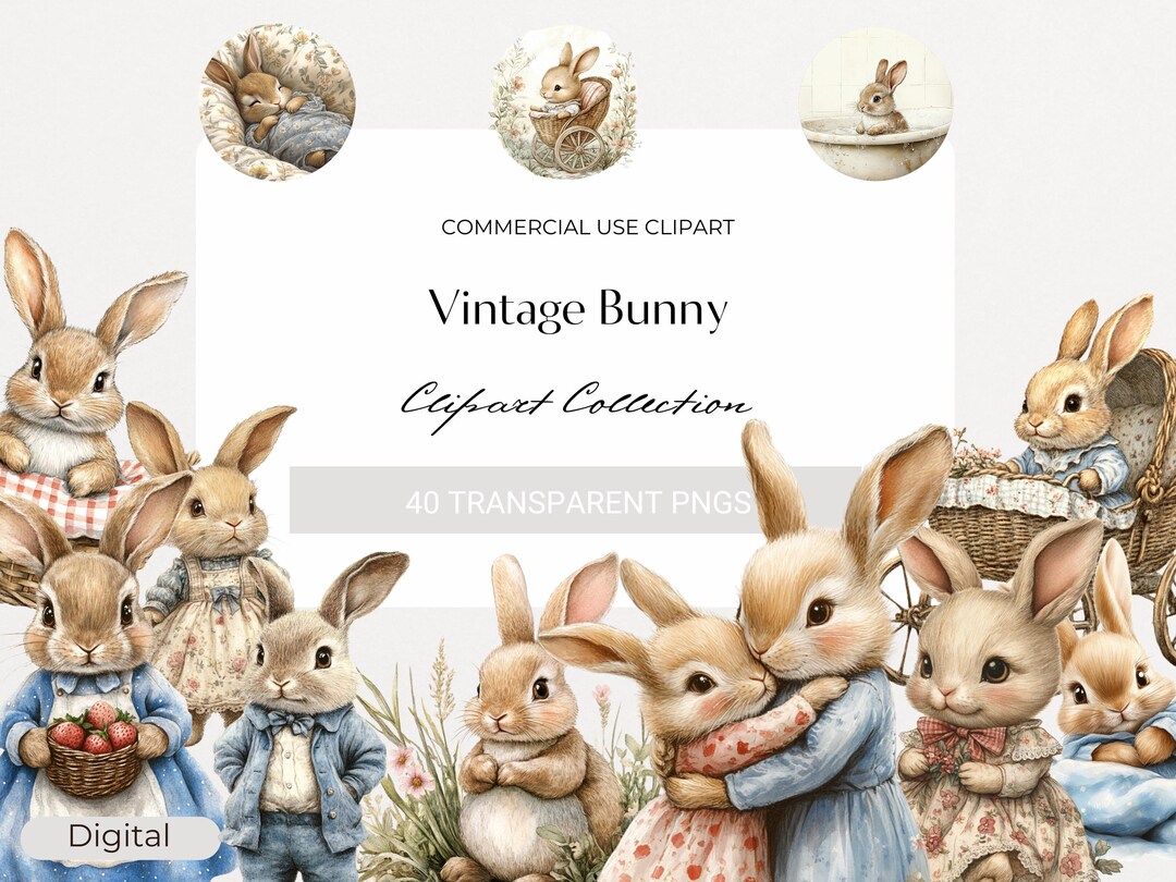 Vintage Bunny Clipart Collection Retro Rabbit Illustrations 40 Cute ...
