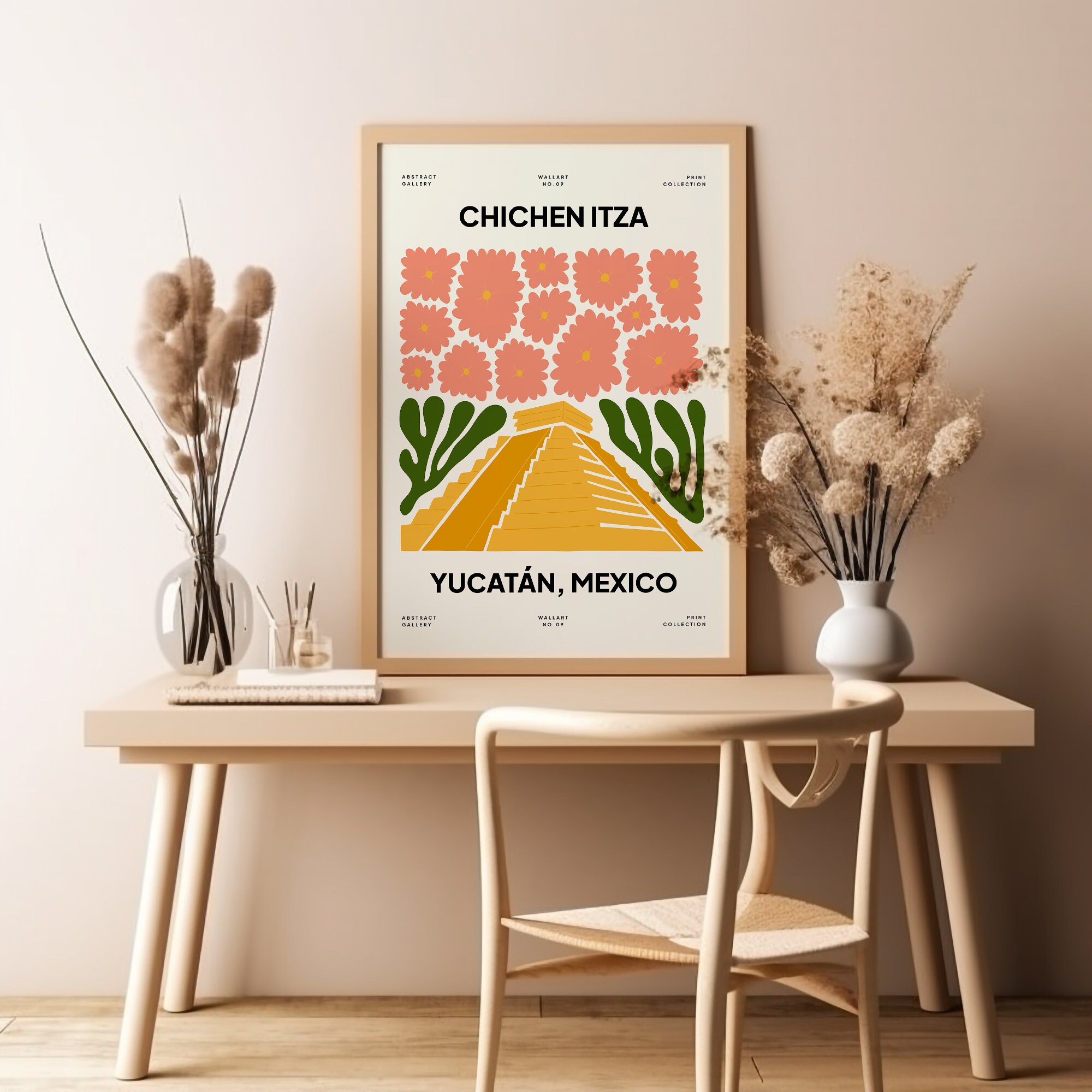 Chichen Itza Poster, Yucatan Mexico Poster, Floral Art Wall Print ...