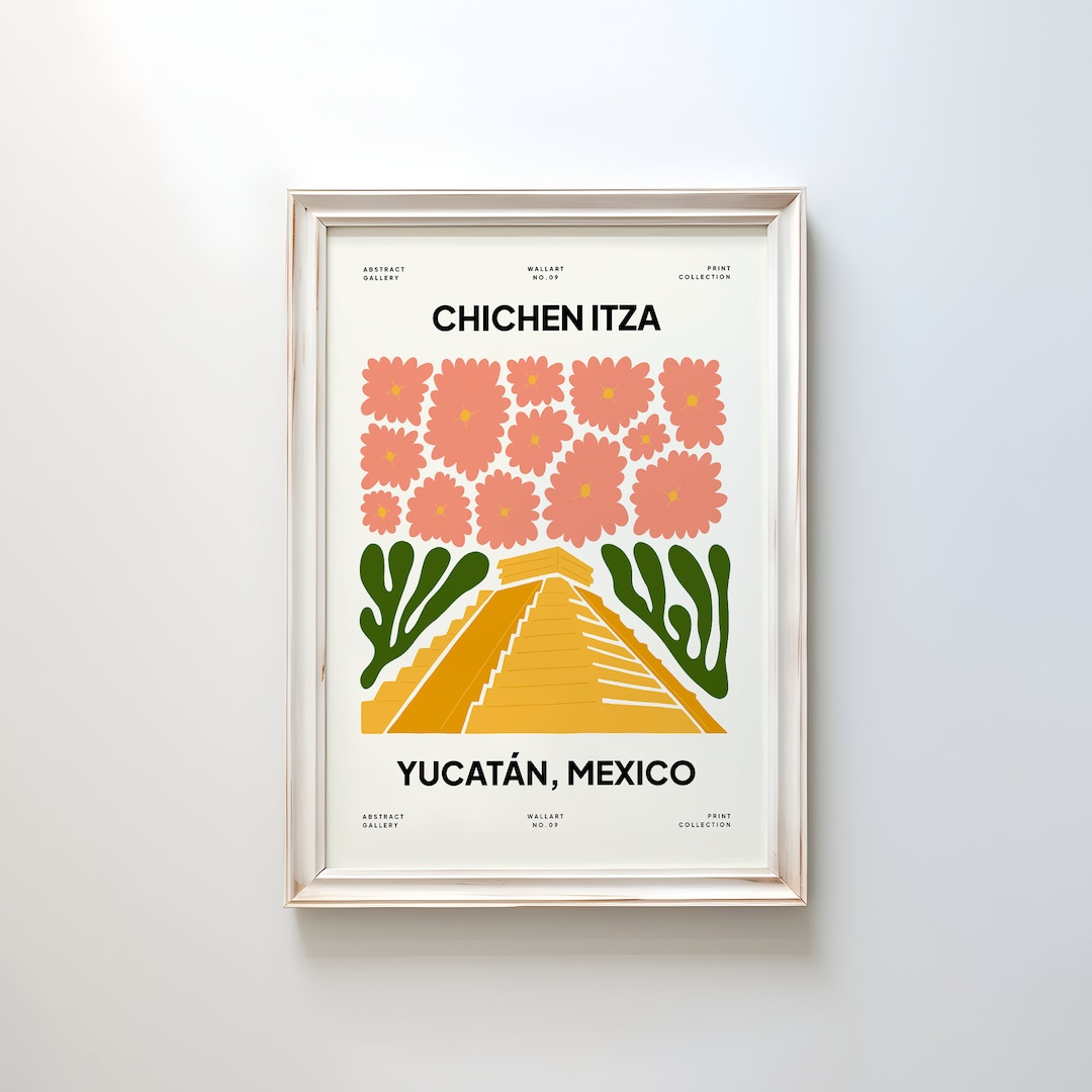 Chichen Itza Poster, Yucatan Mexico Poster, Floral Art Wall Print ...